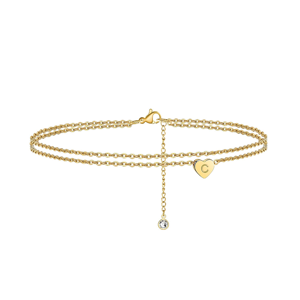 Ursteel Ankle Bracelets for Women, C Initial Anklets 14K Gold Plated Dainty Layered Heart Anklet Letter C Anklets for Women