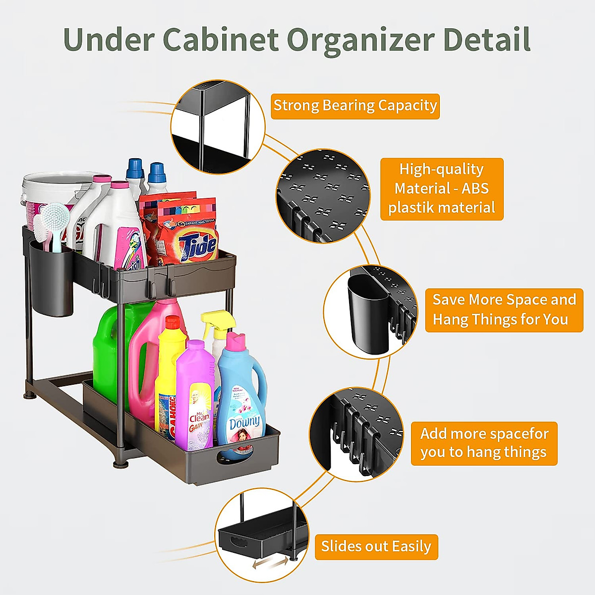 Under Sink Organizer and Storage, 2 Tier Pull Out Bathroom Cabinet Organizer, Bathroom Organizer Under Sink Basket with Hooks and Hanging Cups, Kitchen Bathroom Multipurpose Storage Rack(Black, 2)