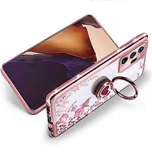 for Note 20 Ultra Case,Galaxy Note 20 Ultra Case for Women, Glitter Crystal Butterfly Heart Floral Slim TPU Bling Cute Girls Protective Cover with Ring Holder Stand+Strap for Note 20 Ultra(Rose Gold)