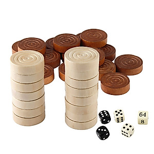 Amerous Thread Wooden Checkers Pieces Nature Wood Backgammon Pieces with Drawstring Bag, 5 Dices Included