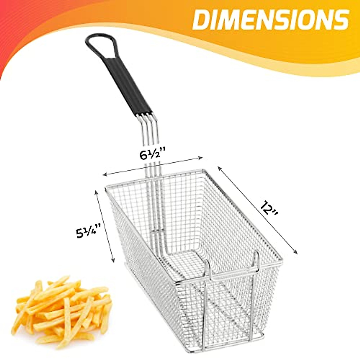 Deep Fryer Basket | 12" x 6.5" x 5.25" Restaurant Kitchen Commercial Use | Front Hooks Non-Slip Handle | Nickle Plated Stainless Steel (4 Pack)