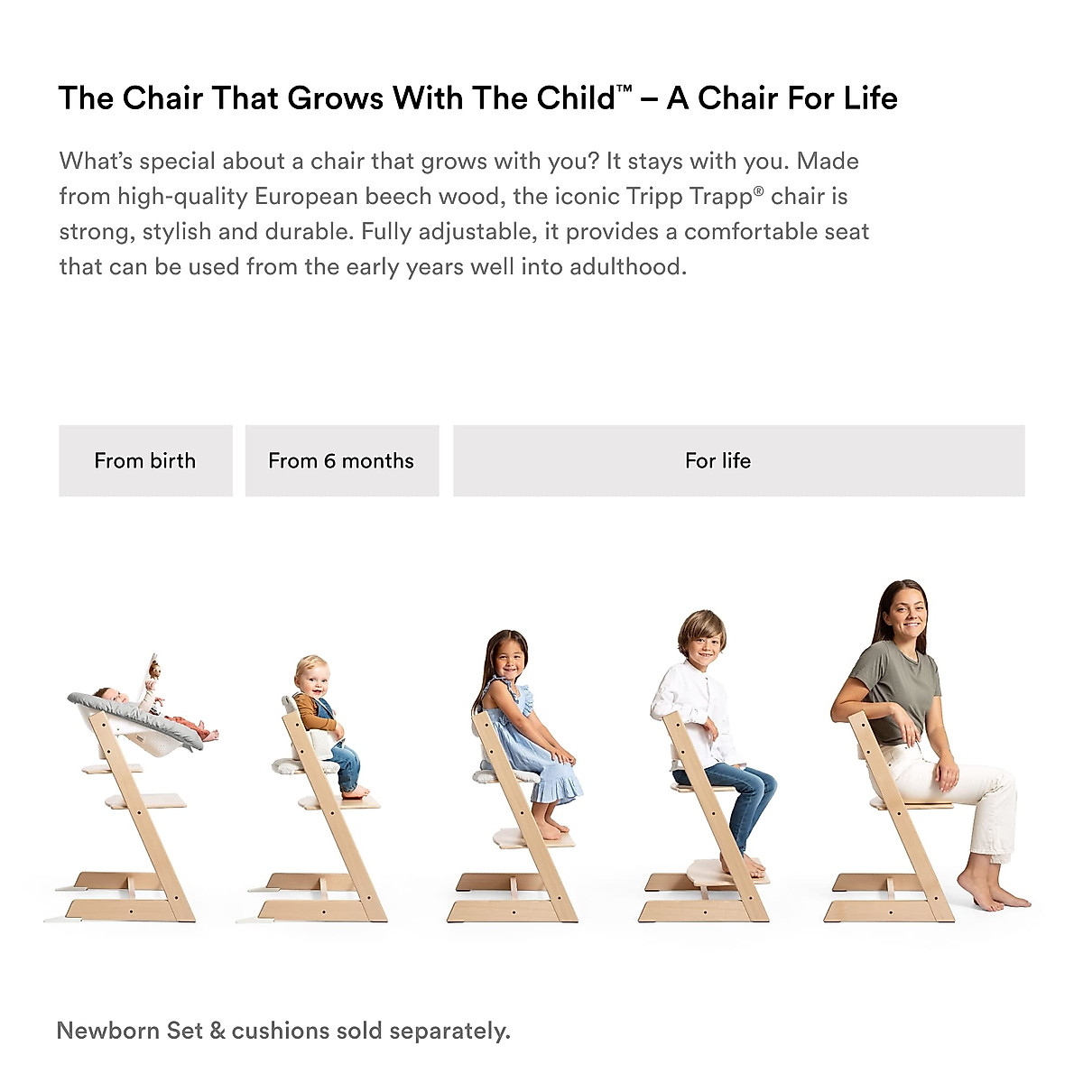 Tripp Trapp High Chair from Stokke, Natural - Adjustable, Convertible Chair for Children & Adults - Includes Baby Set with Removable Harness for Ages 6-36 Months - Ergonomic & Classic Design
