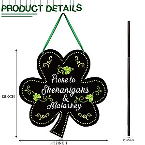 St. Patrick's Day Shamrock Sign 12 x 12 Inch Hanging Shamrock Welcome Sign Prone to Shenanigans and Malarkey Sign Irish Clover Door Sign Holiday Porch Sign Decor for St. Patrick's Day Party Favor