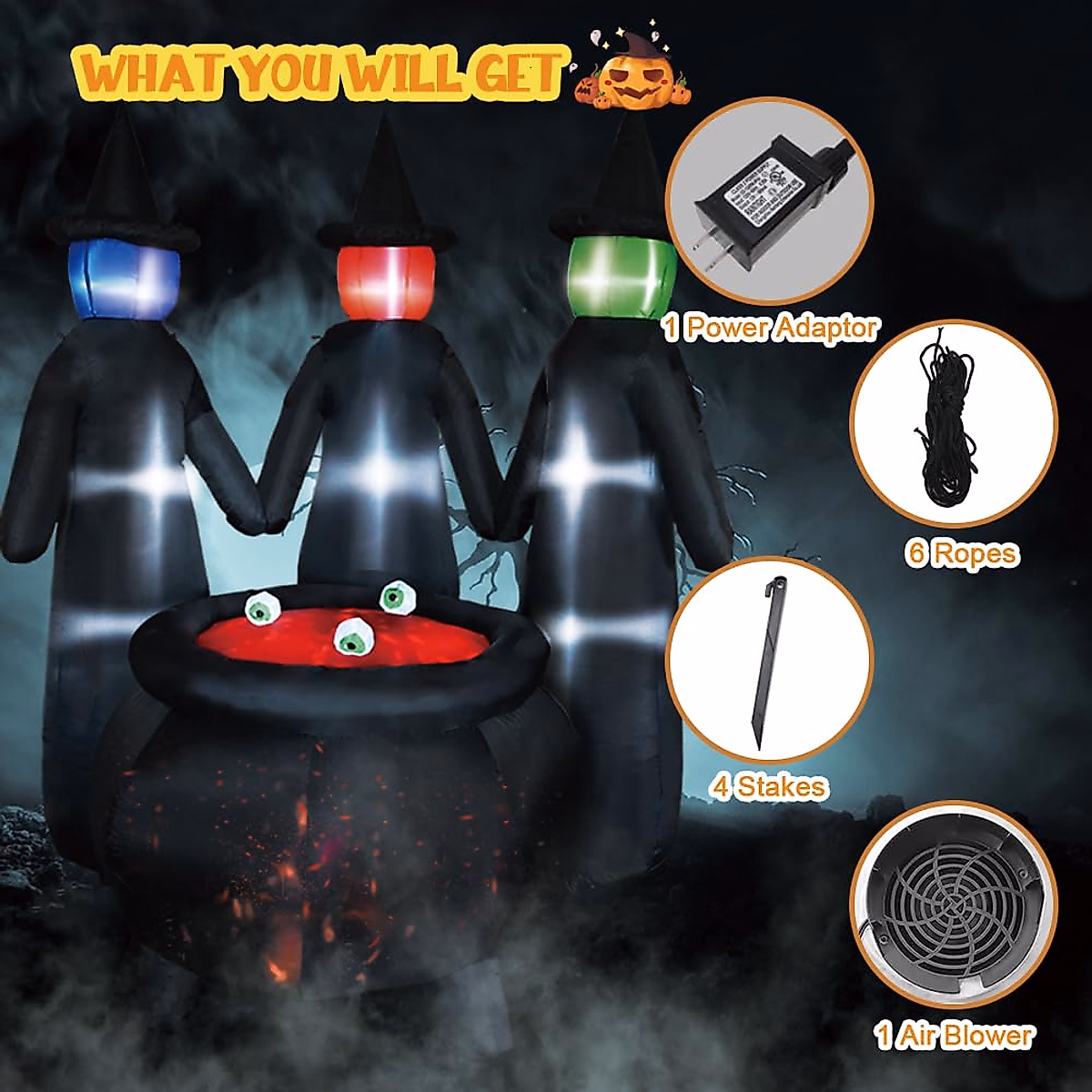 Halloween Decorations Inflatables Outdoor, 8.2FT Inflatable Halloween Three Witch Around Cauldron with Flame Light Halloween Blow Up Yard Decorations with Built-in LED for Outdoor Yard Patio Lawn