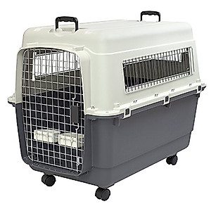 SportPet Designs Plastic Kennels Rolling Plastic Airline Approved Wire Door Travel Dog Crate, X-Large, Gray