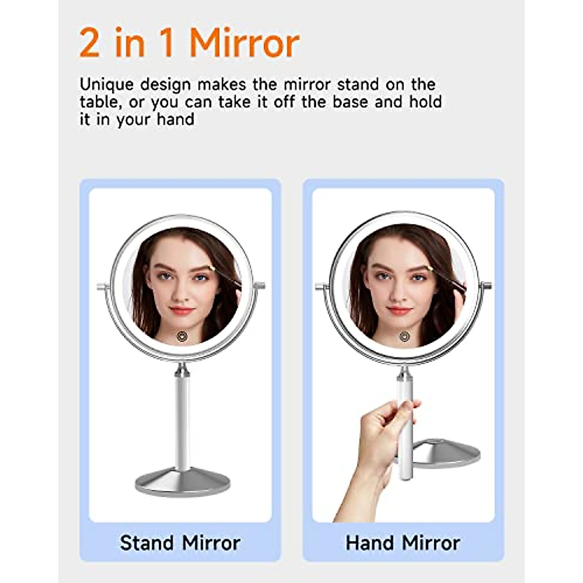 Lighted Makeup Mirror with Magnification, 1X 10X Magnifying Mirror with Light, 8'' HD Double Sided Tabletop Vanity Mirror, Rechargeable 3 Color LED Dimmable Desk Lit Cosmetic Mirror, Girl Women Gifts