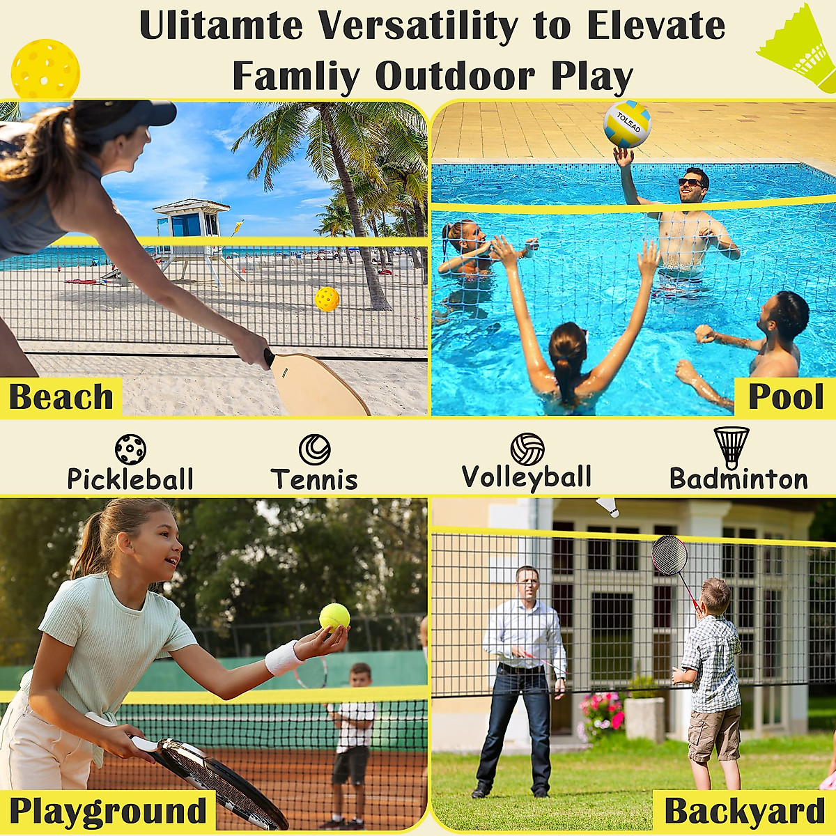TOLEAD All-in-One Pickleball & Badminton Net Set, Portable Volleyball Net Set (17ft Wide x 3-5ft Height) for Backyard,Outdoor Sports Game Set w/Volleyball Pickleball Paddles & Badminton Rackets