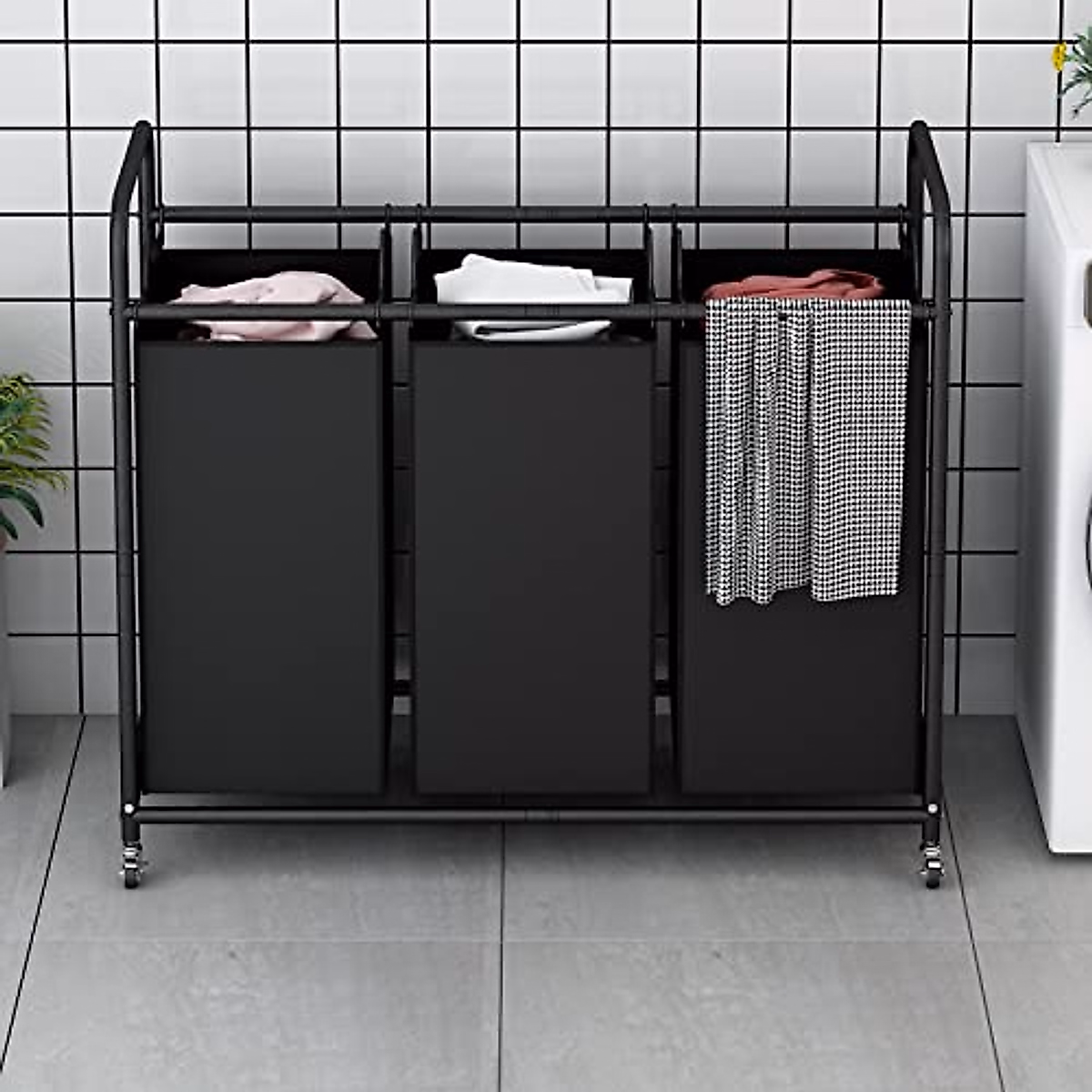 LINZINAR 3-Bag Laundry Sorter Laundry Hamper Cart with Heavy Duty Rolling Lockable Wheels and Removable Bags (Black)