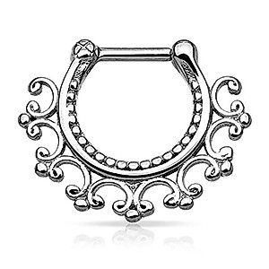 Forbidden Body Jewelry 16g Surgical Steel Filigree Lacey Design Septum Clicker Hoop (Silver Tone)