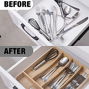 Kitchen Drawer Organizer, 13 Inch Silverware Utensil Tray Holder,with Removable Lid, 5 Slots Total Bamboo Wood Caddy for Flatware Cutlery Knives, Forks, Spoons.