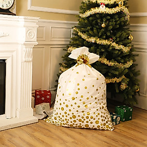 4 Pieces Plastic Multi-Color Dot Bags (36 x 48 Inch) with 4 Pieces Pull Flowers Large Packaging Wrapping Present Bags for New Parents Baby Shower Birthday Wedding Christmas Engagement Party (Golden)