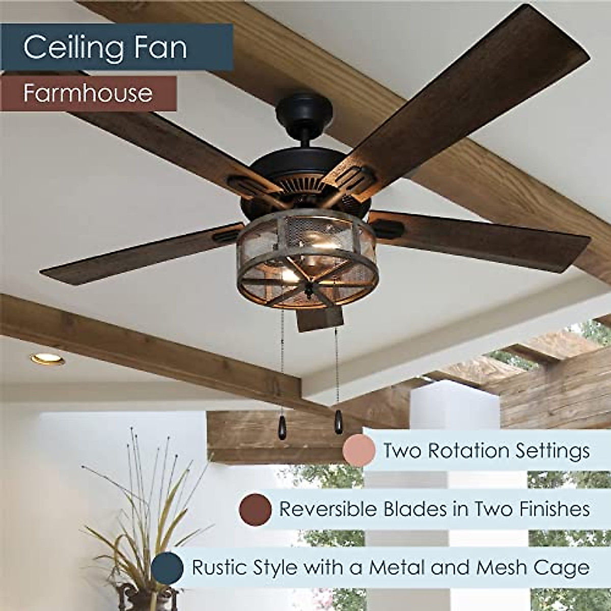 RIVER OF GOODS 52 Inch LED Modern Farmhouse Ceiling Fan with Light - Rustic Ceiling Fans with Lights - Elegant Industrial Fan with Mesh Metal Caged Shade - Brown