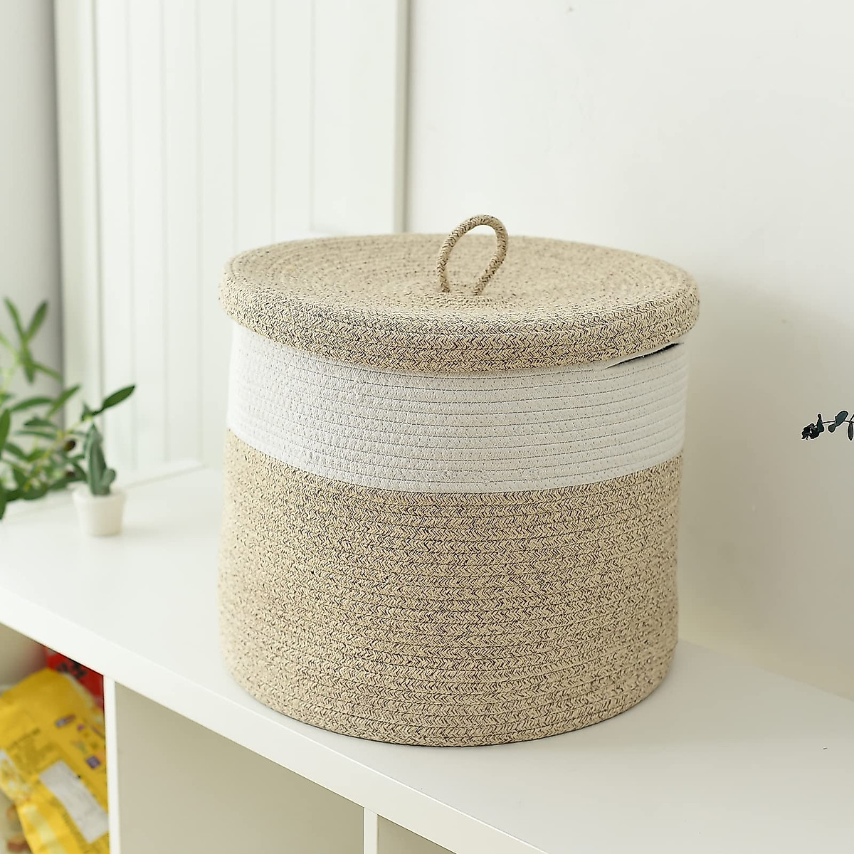 Tegance Blanket Basket with Lid, 16"D x 14"H Large Woven Rope Basket Laundry Basket Baby Toy Storage Basket Hamper Decorative Nursery Bin for Living Room Bedroom with Handles (Brown&White)