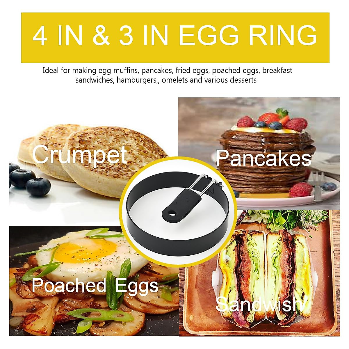 4 Packs Omelet Ring & Pancakes Ring & Egg Ring Set for Griddle,Non-stick Stainless Steel 8" Omelette Ring 6" Pancake Rings 4" Crumpet Ring,3" Egg Ring,Griddle Crepe Ring Egg Maker with Silicone Handle