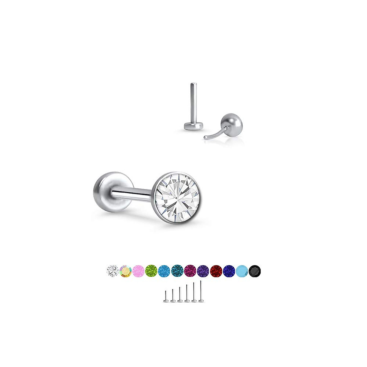 316 Stainless Steel Threadless Push Pin Nose Ring Labret Monroe Stud 2.5mm Glued Black CZ 20G