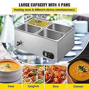 Commercial Food Warmer Bain Marie, 110V 4-Pan Stainless Steel Steam Table with 14.8 Qt Capacity and Precise Temperature Control
