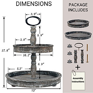 Farmhouse Wooden Two Tier Serving Tray - Wood Two Tiered Tray, 2 Tier Decorative Tray Stand for Cake/Cupcake/Dessert, Rustic Decorative Tiered Tray for All Season for Kitchen/Dining Room/Countertop