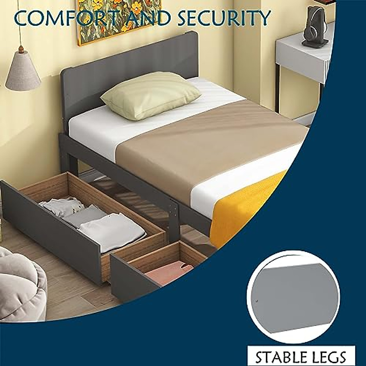 Novaris Twin Size Pine Platform Bed Frame with 2 Drawers, Modern Classic Platform Bed with Headboard/Storage Footboard Bench/Wood Slats/Easy Assemble for Bedroom Girls Boys (Twin, Gray)