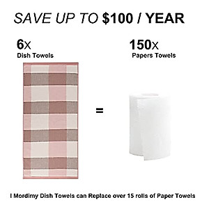 PiccoCasa 100% Cotton Terry Kitchen Towels, Big Buffalo Check, 6 Pack Soft Absorbent (13 x 29 Inch) Quick Dry Dish Towels - Pink, White