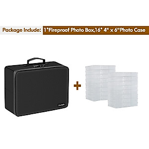 Photo Storage Box with Lock,DocSafe Fireproof Photo Organizer Box with 16 Inner 4" x 6" Photo Case(Clear),Collapsible Portable Photo Filing Safe Storage with Water-Resistant Zipper for Photos,Picture