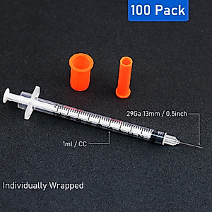 1ml 29Ga 13mm/0.5Inch Syringe with Needle, Disposable Individual Package of 100