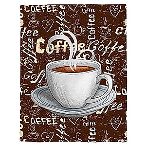 Retro Rural Coffee Cup Theme Throw Blanket Flannel Microfiber Blanket, Vintage Shabby Coffee Brown Fleece Blankets - 40 x 60 in, Soft Warm Cozy Lightweight Throw Blanket for Couch Sofa Bed