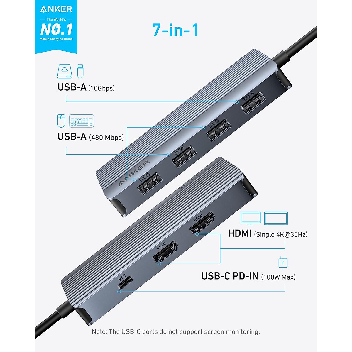 Anker 7-in-1 USB C Hub, Dual-Display USB-C Docking Station, Dual HDMI Display, 100W Power Delivery, 10Gbps Data Transfers, USB Ports for MacBook Air/Pro, Dell XPS, and More