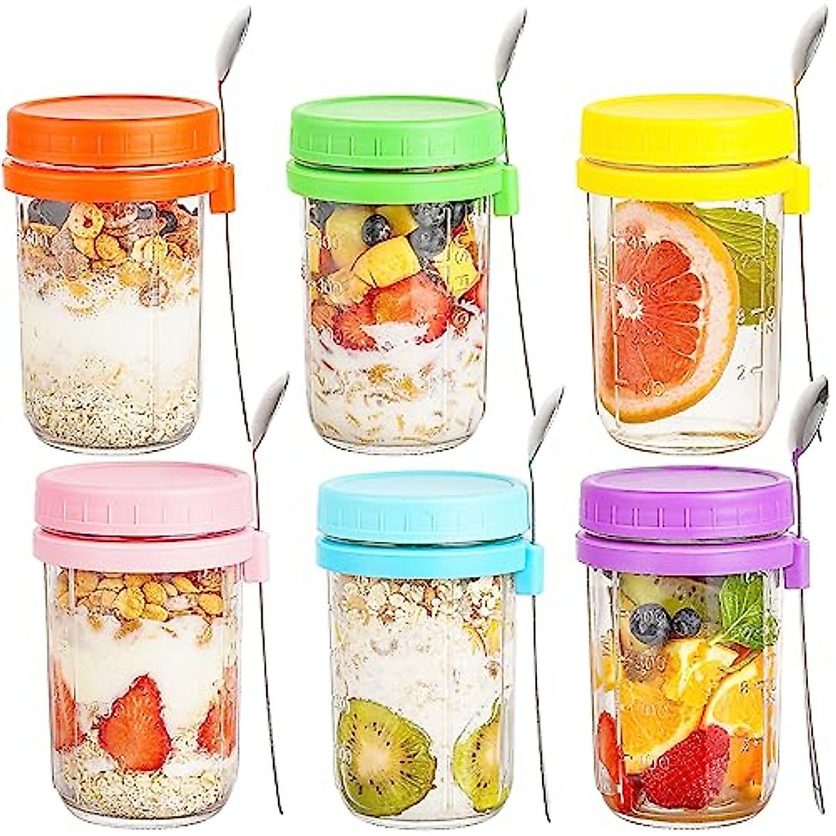 wookgreat Overnight Oats Jars, Overnight Oats Container with Leakproof Lid and Spoon Set of 6, 16 Oz Glass Mason Jars, Large Capacity Wide Mouth Jars with Measure Marks for Cereal Milkshake Meal Prep
