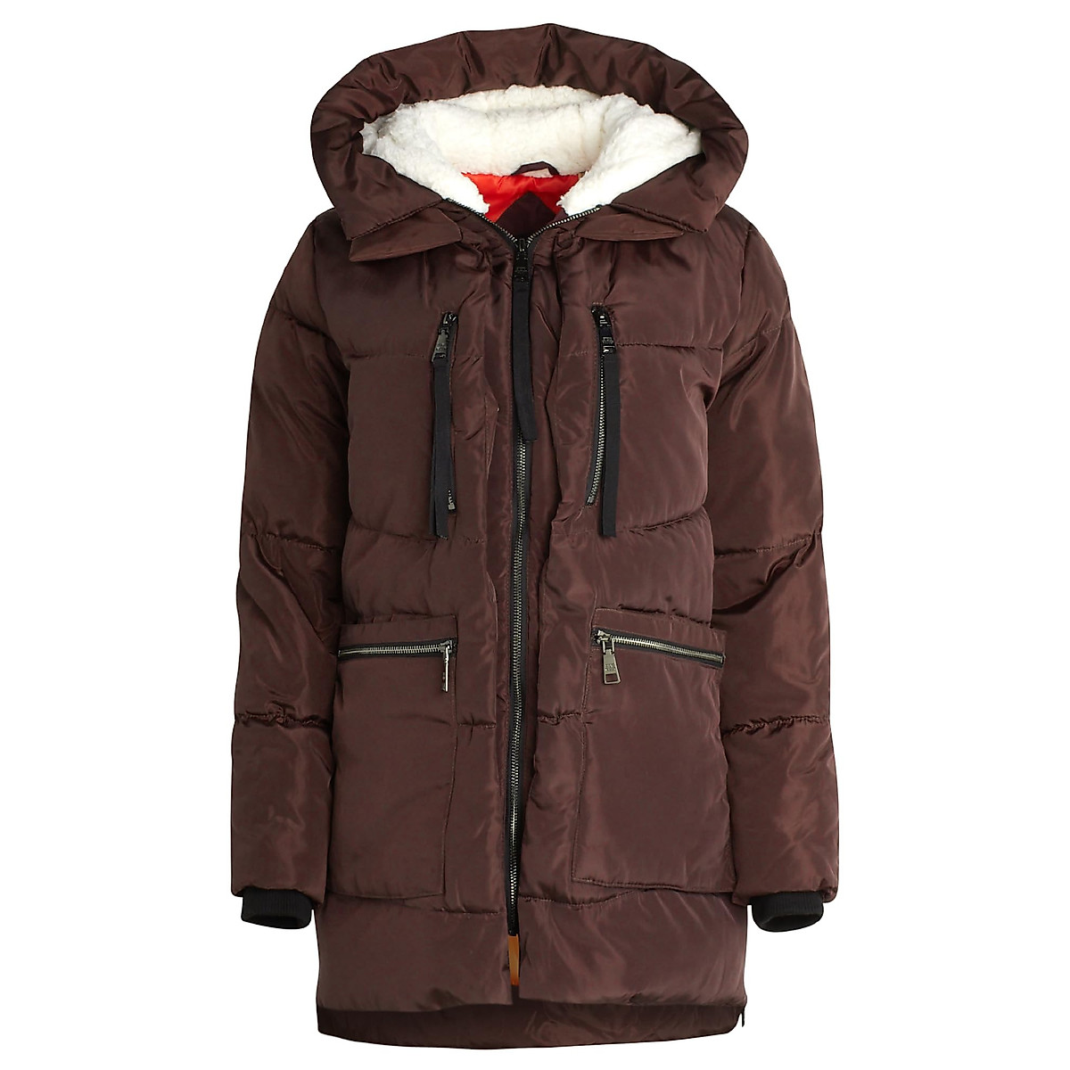 Steve Madden Women's Long Parka - Insulated Quilted Puffer Winter Coat for Women with Faux Sherpa Hood (Sizes: S-XL), Size Medium, Brown