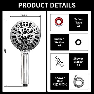 High Pressure Handheld Shower Head, 8-mode Spray Settings + 2 Power Jet Modes Shower Heads, Extra Long 5FT Stainless Steel Hose and Adjustable Bracket for Bath Showerhead (Premium Chrome)