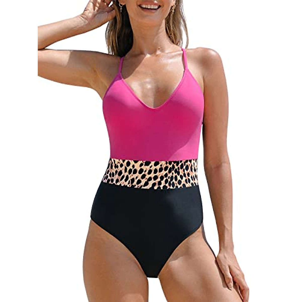 Roselychic One Piece Swimsuits for Women Tummy Control Bathing Suits V Neck Patchwork Printed Swimwear Monokini