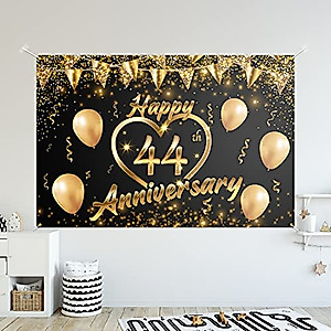 Happy 44th Anniversary Backdrop Banner Decor Black Gold – Glitter Love Heart Happy 44 Years Wedding Anniversary Party Theme Decorations for Women Men Supplies 3.9x5.9 ft