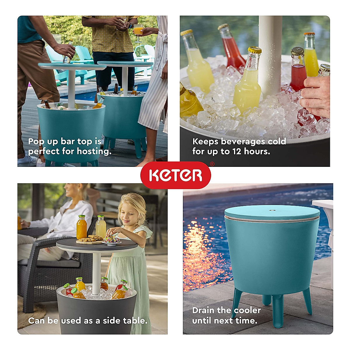 Keter Modern Cool Bar Outdoor Patio Furniture and Hot Tub Side Table with 7.5 Gallon Beer and Wine Cooler, Teal