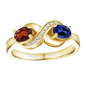 Gem Stone King 18K Yellow Gold Plated Silver Personalized Customized Engrave 2-Stone Gemstone Birthstone and White Created Sapphire Infinity Forever Love Knot Ring For Women (Size 7)