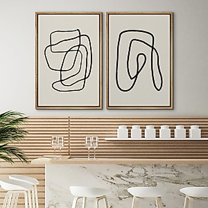 SIGNWIN Framed Wall Art Print Set Black Lines Over Tan Plain Background Abstract Swirly Cozy Neutral Modern Art Mid-Century Modern Expressive for Living Room, Bedroom, Office - 16"x24"x2 Panels