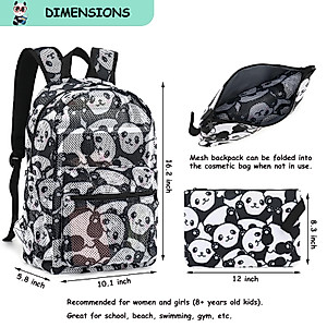 Fuyicat Panda Mesh Backpack for Women Girls, Semi-Transparent School Bag Bookbag See Through Beach Bags for Kids Adults