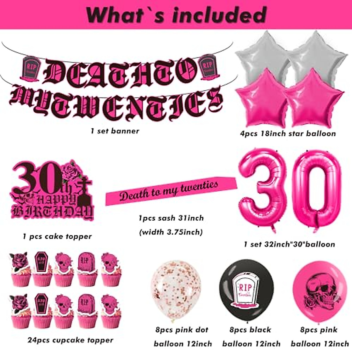 Death to My 20s Decorations - 30th Birthday Decorations for Her, Black Red 30th Birthday Party Supplies with Banner, Rip to My 20s Sash, 30th Balloon, Cake Topper