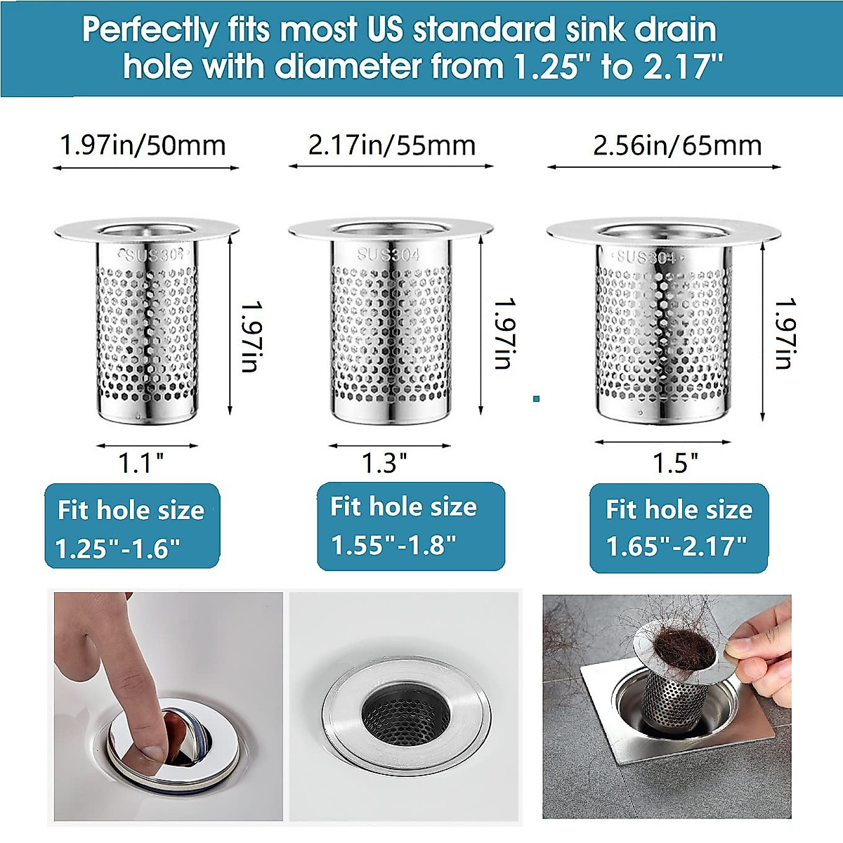 CNSZNAT Hair Catcher Shower Drain, Bathtub Drain Cover, Deep Stainless Steel Sink Strainer for Bathroom Sink Bathtub Shower Floor Drain, Fit Hole Size from 1.25" to 2.17"(3-Pack)