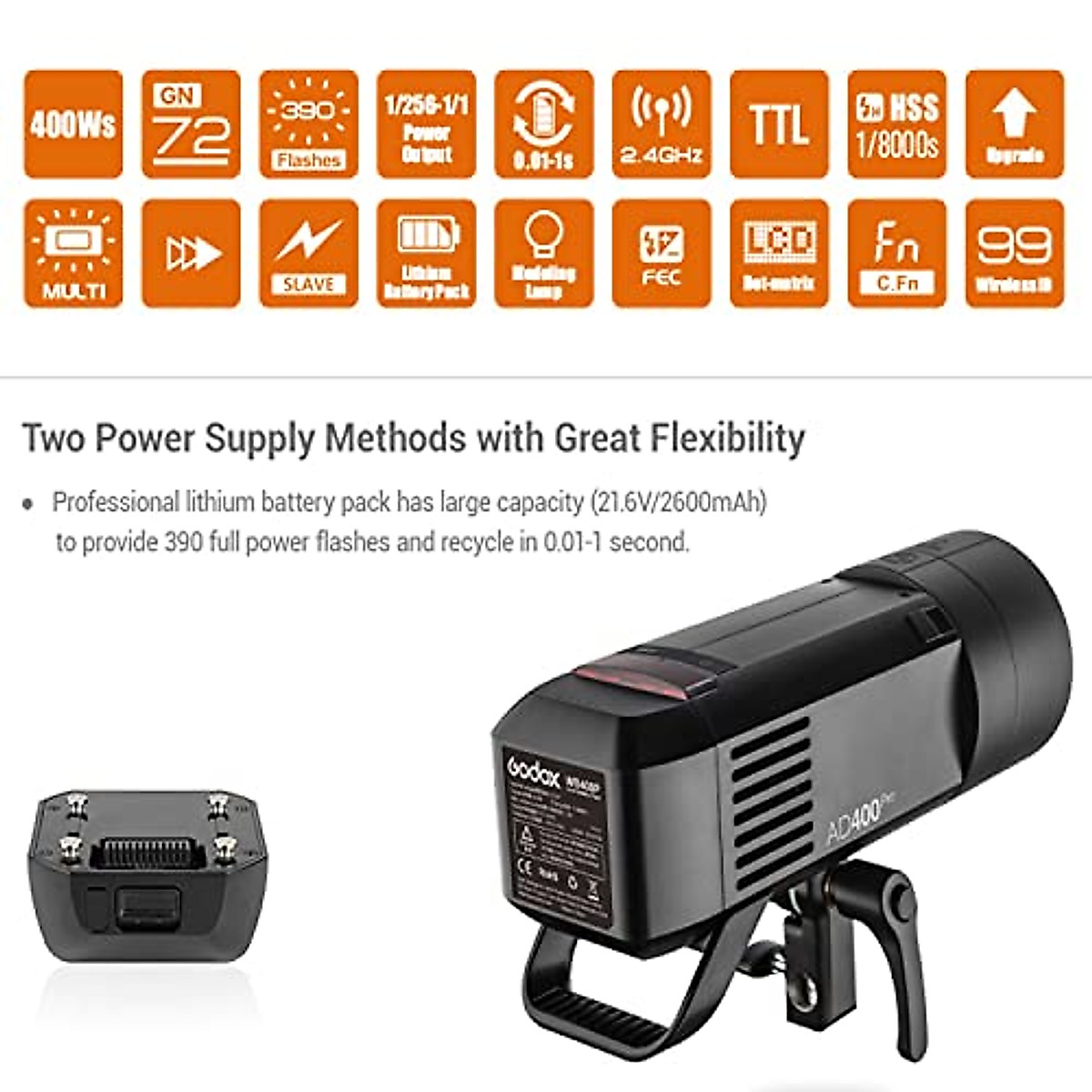 Godox AD400 Pro AD400Pro Godox Flash for Canon Sony Nikon Fujifilm Fuji Olympus Panasonic Camera,0.01-1s Recycle Time,with Godox Softbox 32''x32'' 80CMx80CM,w/Bowens Mount and Godox Mount