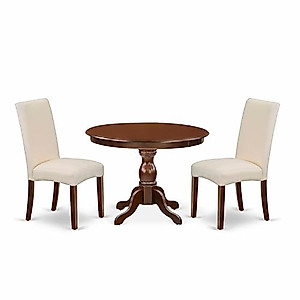 East West Furniture HBDR3-MAH-01 3 Piece Dining Room Furniture Set Contains a Round Dining Table with Pedestal and 2 Cream Linen Fabric Upholstered Parson Chairs, 42x42 Inch, Mahogany