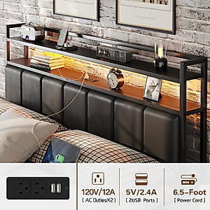 CollaredEagle Full Size Bed Frame with Headboard, Metal Bed Frame with Charging Station and LED Lights, Heavy Duty Bed with Storage Shelves,Noise Free(Black)