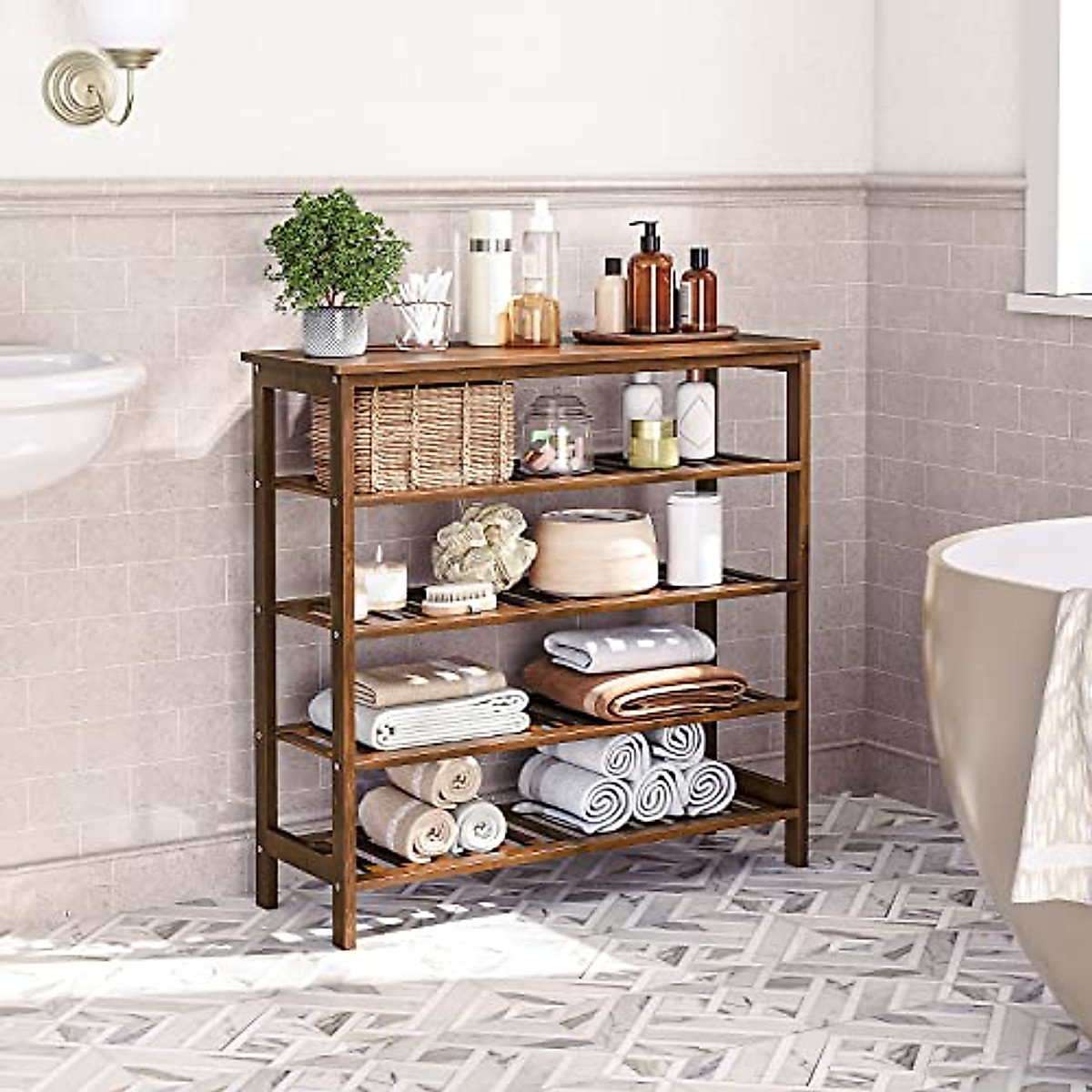 HOOBRO Shoe Rack, 5-Tier Shoe Rack for Entryway, 29.5" L x 11.8" W x 31.5" H, Holds 16-20 Pairs of Shoes, Multifunctional Bamboo Shoe Shelf Storage, Stable and Study, for Closet, Mocha MA70XJ01