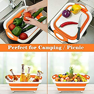 Rottogoon Collapsible Cutting Board, Foldable Chopping Board with Colander, Multifunctional Kitchen Vegetable Washing Basket Silicone Dish Tub for BBQ Prep/Picnic/Camping(Orange)
