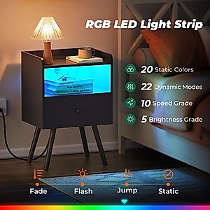 Huuger Nightstand with Charging Station and LED Lights, Bed Side Tables Set of 2, End Tables with Drawer, Side Table with Solid Wood Feet, Open Storage Space, for Bedroom, Black