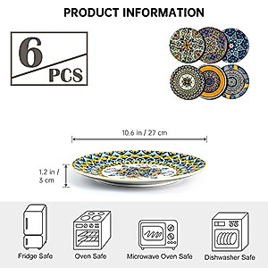 HENXFEN LEAD Ceramic Dinner Plates Set of 6-10.6 Inch Large Dessert, Pasta, Salad Plate, Porcelain Colorful Serving Dishes for Kitchen & Restaurant, Dishware, Microwave & Oven safe - Bohemian Style