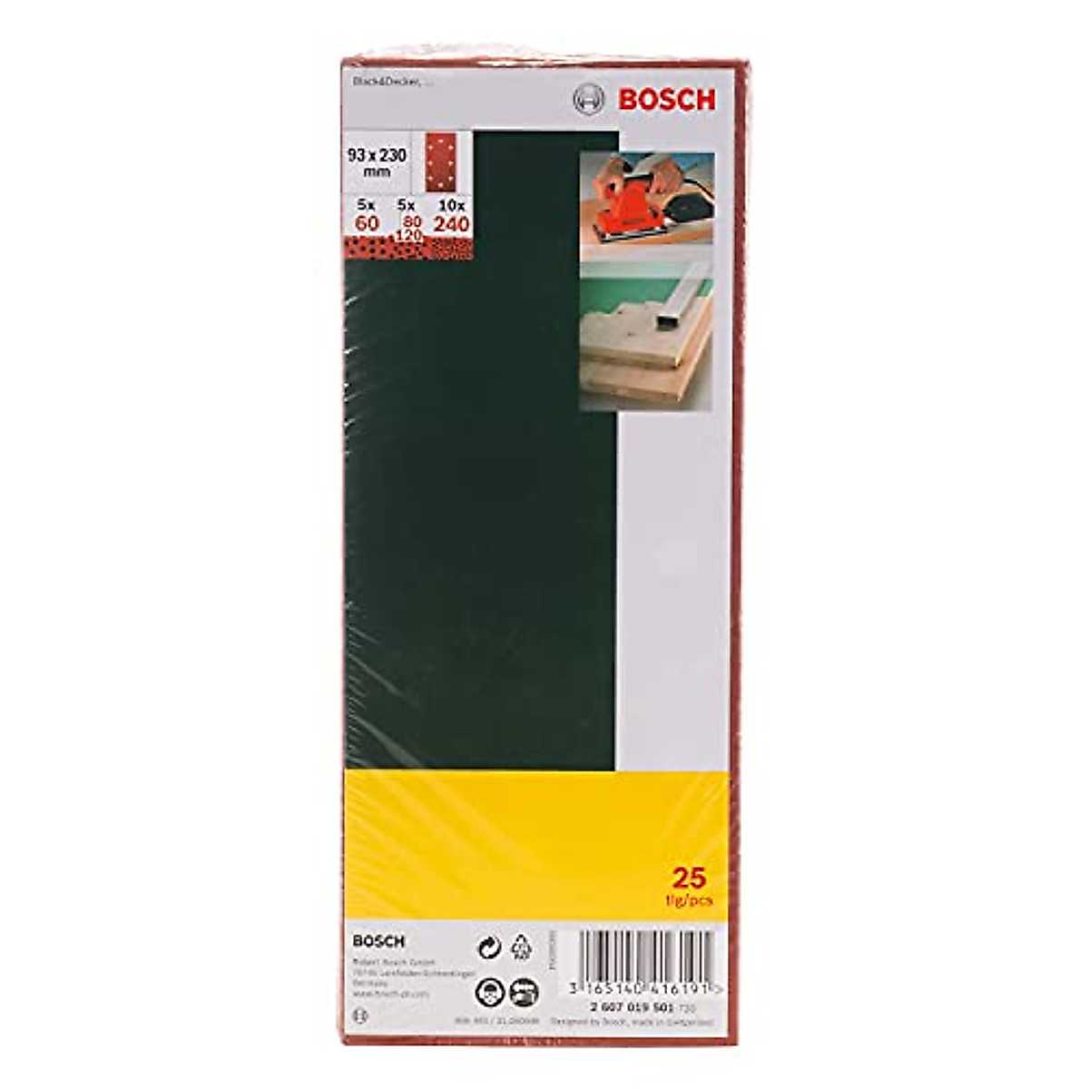 Bosch 25 Sanding Sheet Set for Orbital Sanders, B&D hole, 60-240 Grit, 93x230mm