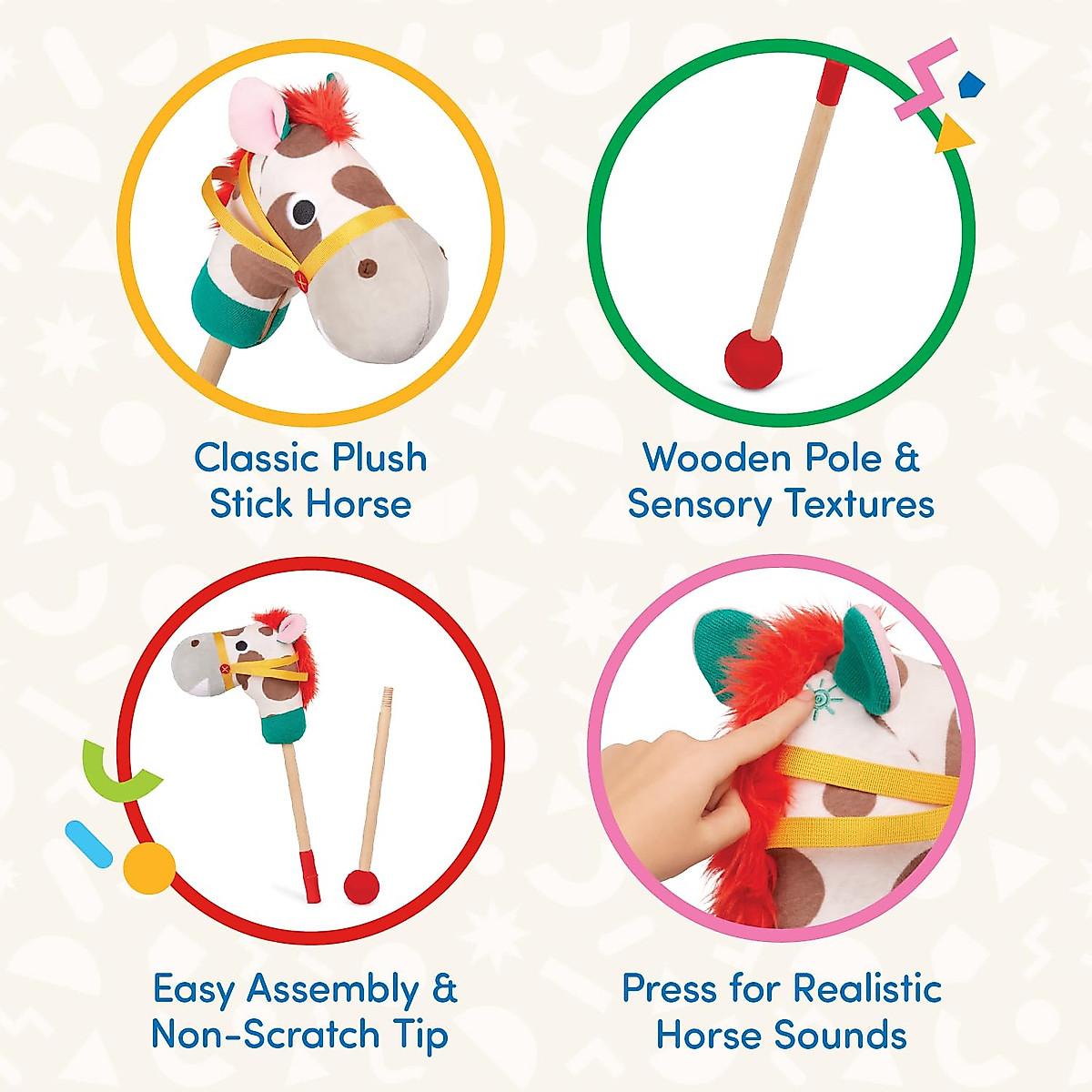 Battat – Classic Hobby Horse – Plush Stick Horse – Wooden Pole & Sensory Textures – Realistic Sounds – 2 Years + – Pony Pal