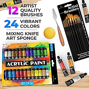 Complete Acrylic Paint Set – 24х Rich Pigment Colors – 12x Art Brushes with Bonus Paint Art Knife & Sponge – for Painting Canvas, Clay, Ceramic & Crafts, Non-Toxic & Quick Dry – for Kids & Adults
