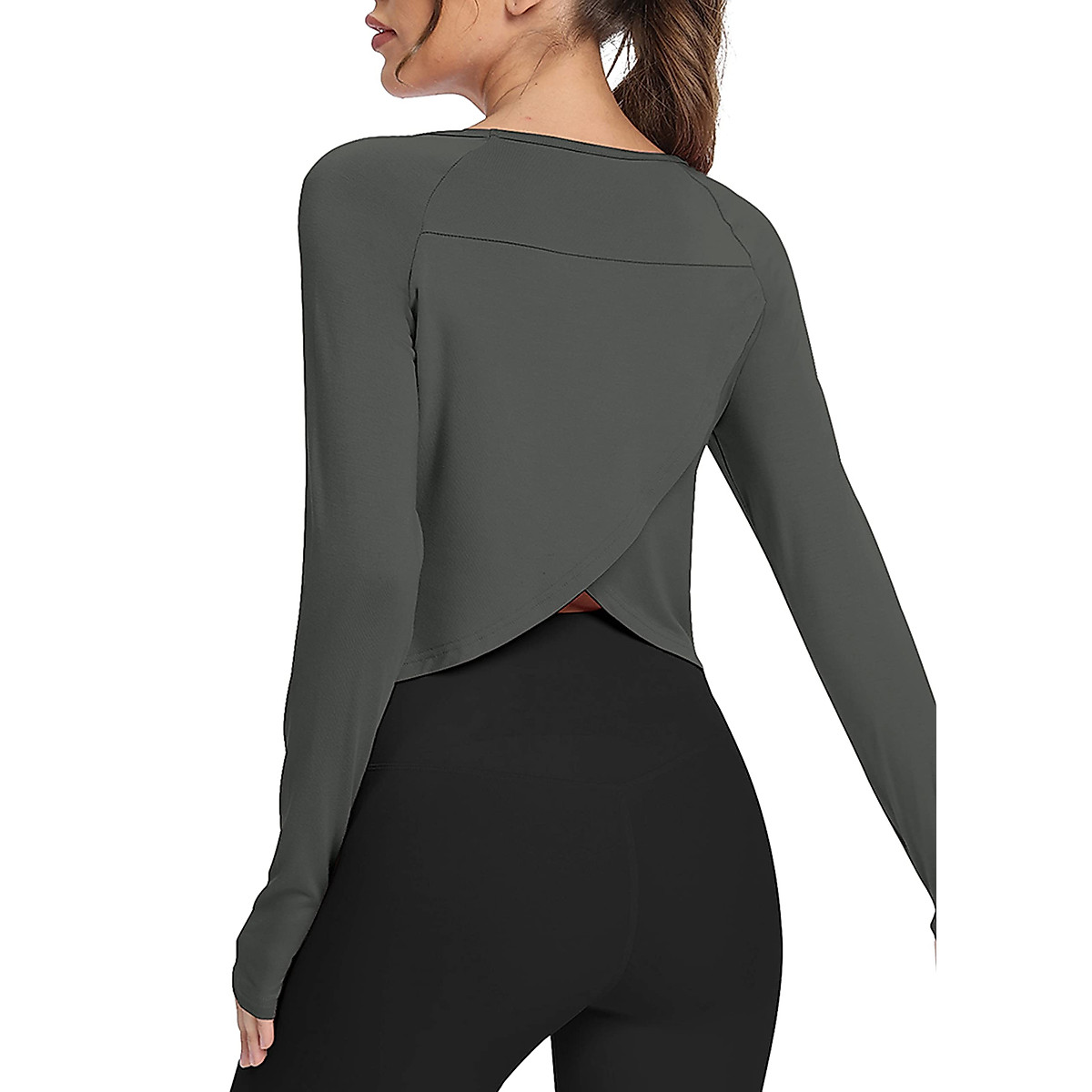 Bestisun Split Back Workout Long Sleeve Shirts Exercise Sports Clothes Activewear Running Tops for Women Deep Gray S