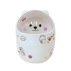 Storage Bucket Desktop with Lid Trash Can Mini Kawaii Cute Bear Trash Bin Storage Box Girl Pen Holder Storage Bucket with Top - White